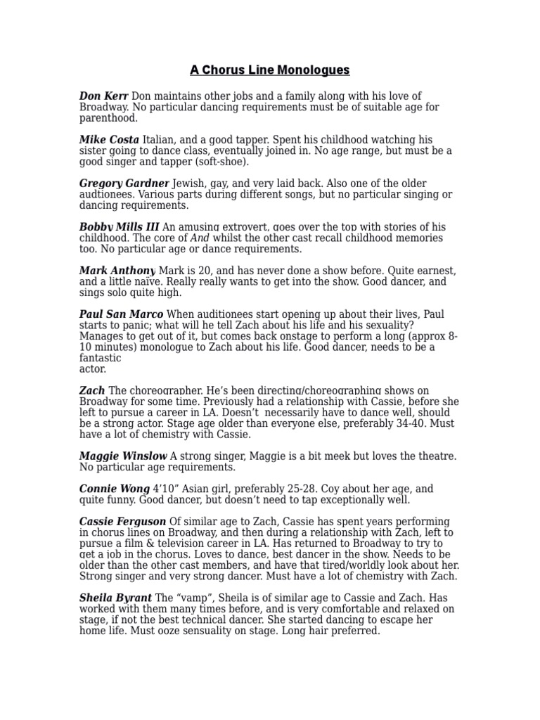 A Chorus Line Monologues | PDF | Performing Arts