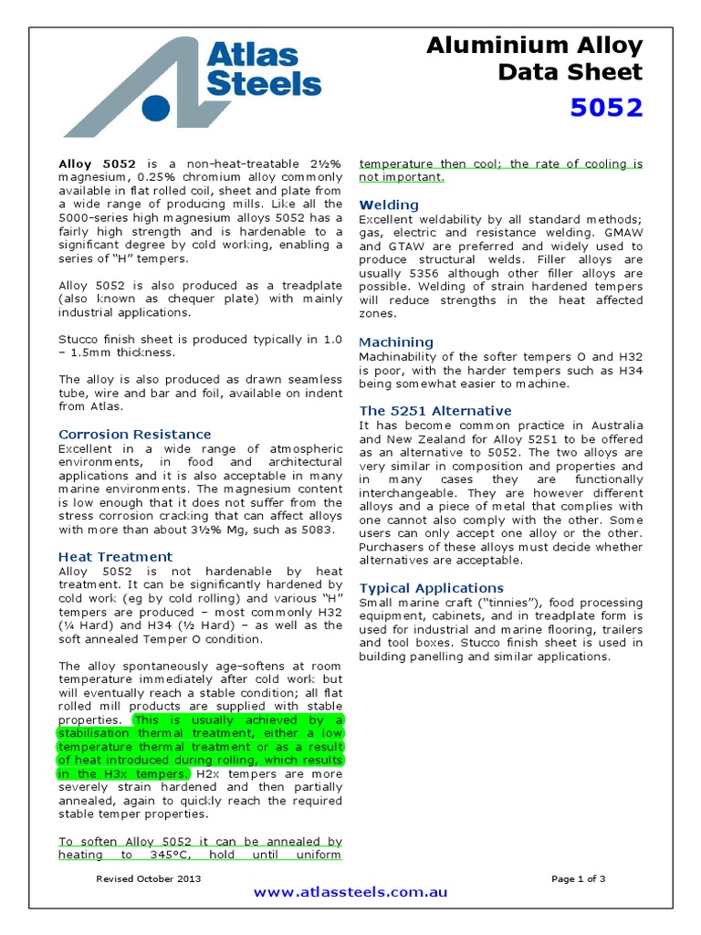Atlas Aluminium Datasheet 5052 Rev Oct 2013 | PDF | Alloy | Welding