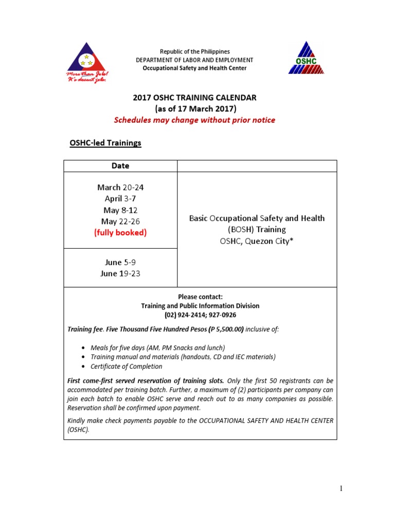 Training Calendar For Posting As of 17 March 2017 | PDF | Occupational ...