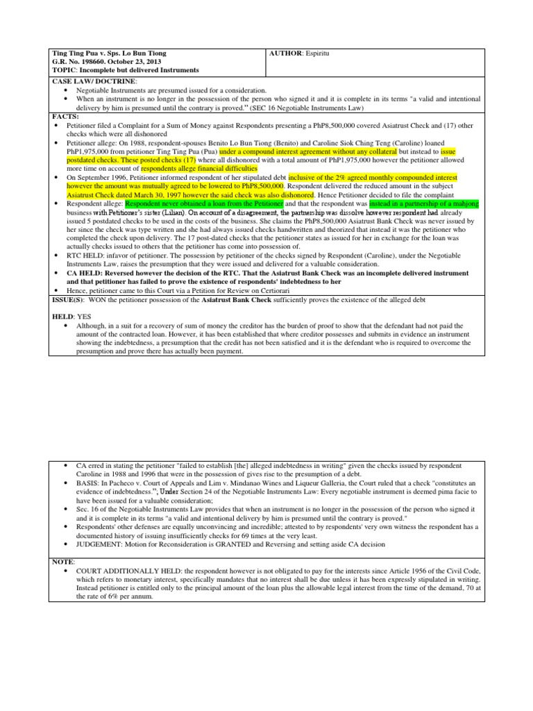 Ting Ting Pua v. Sps. Lo Bun Tiong | PDF | Negotiable Instrument | Debt
