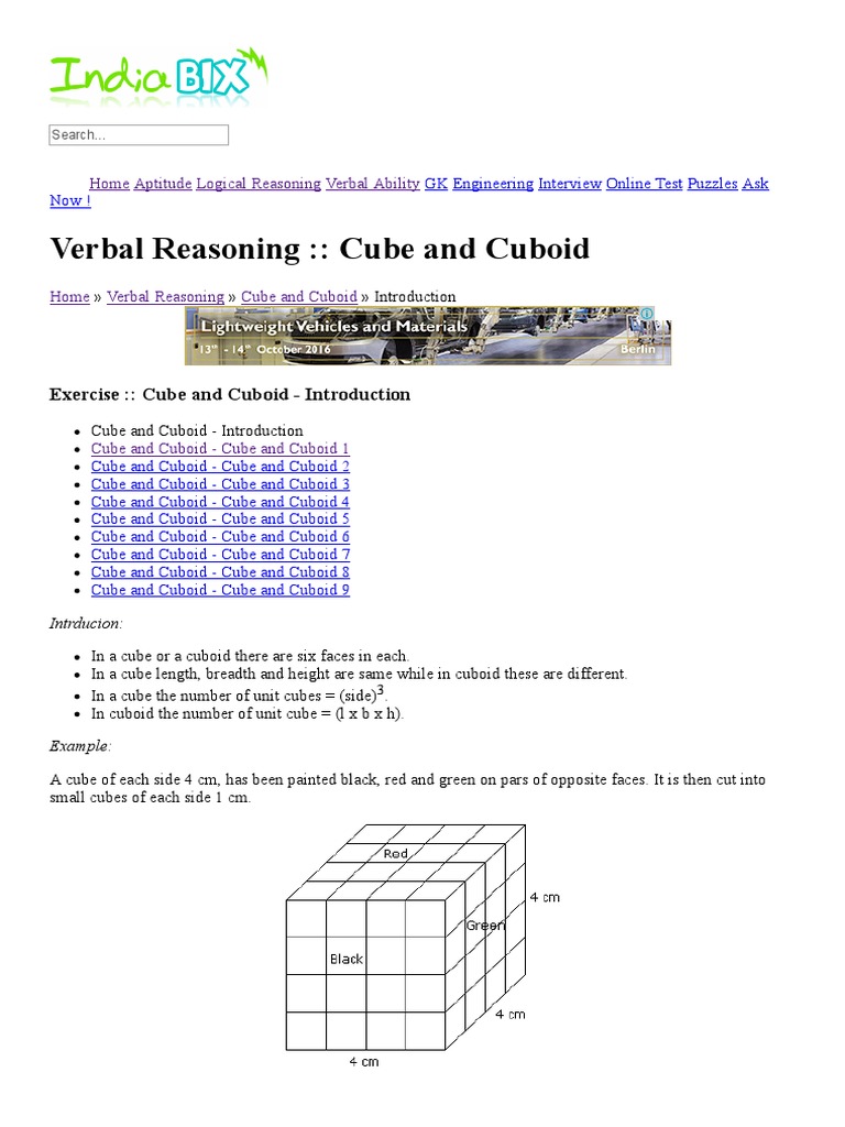 Cube and Cuboid Introduction - Verbal Reasoning Questions and Answers ...