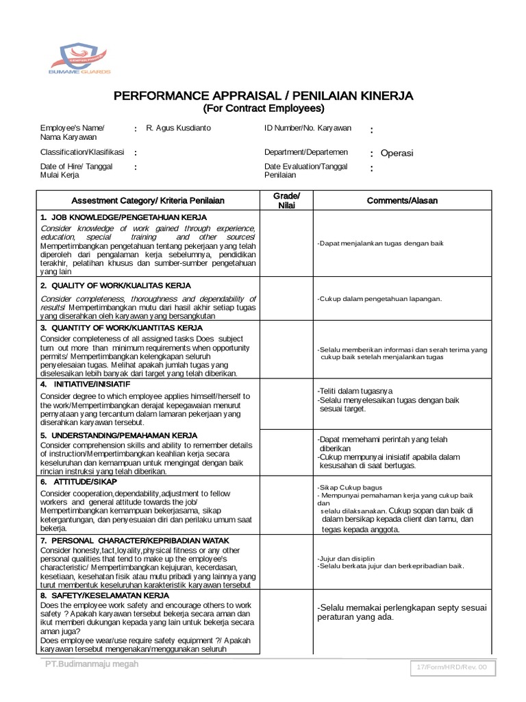 2 Form Performance Appraisal Penilaian Kinerja - Doc - 1498808381646 ...