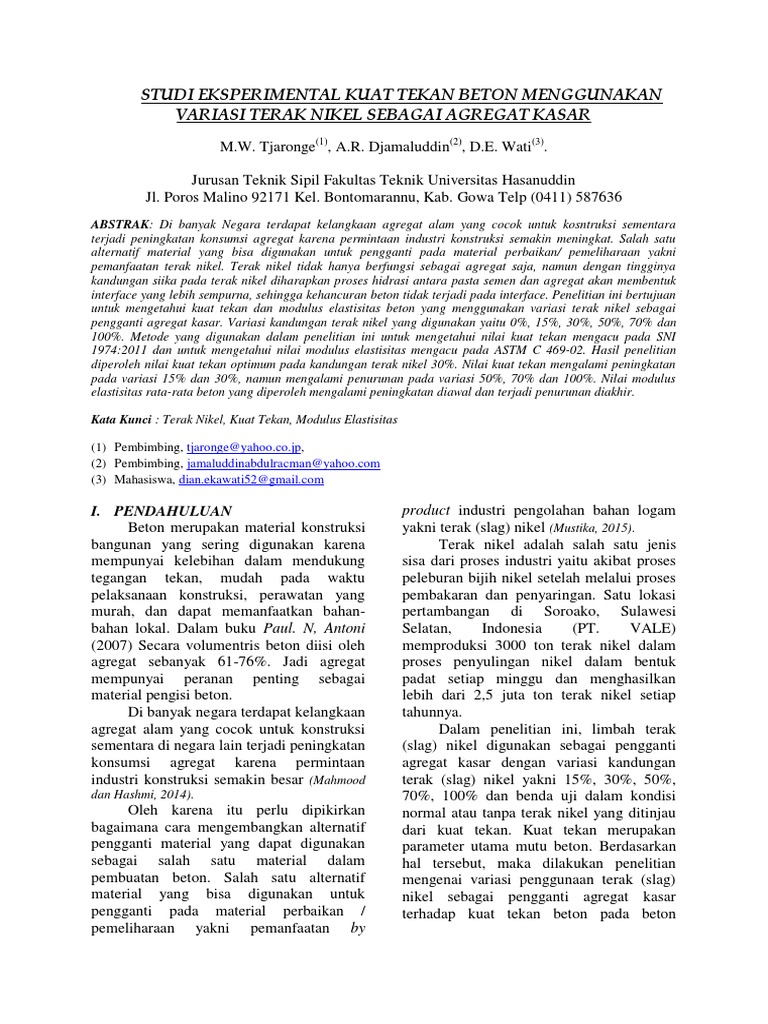 Studi Eksperimental Kuat Tekan Beton Menggunakan Variasi Terak Nikel Sebagai Agregat Kasar | PDF ...