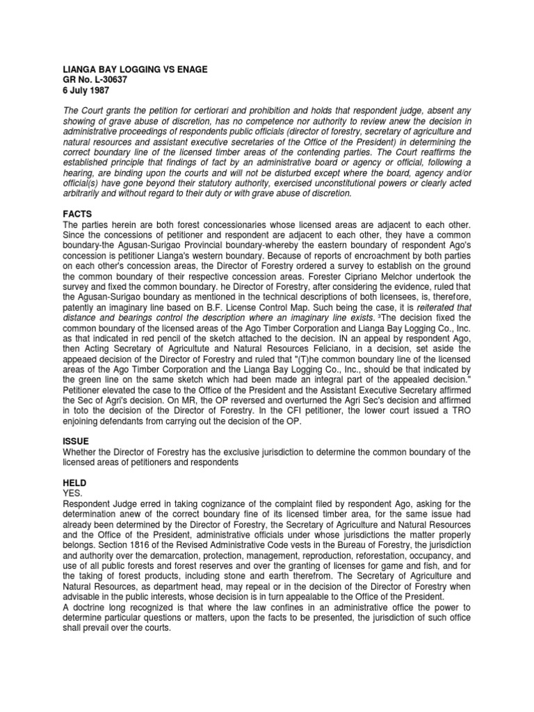 Lianga Bay Logging vs. Judge Enage | PDF | Forestry | Discretion