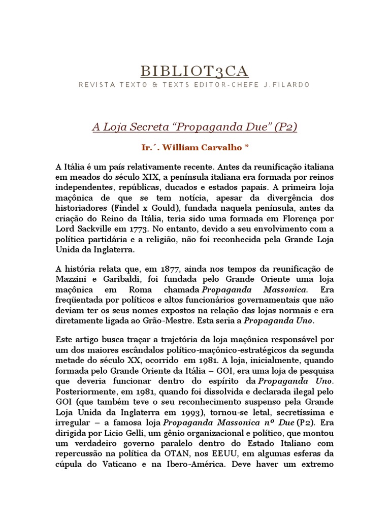A Loja Secreta ''Propaganda Due'' (P2) | PDF | Itália | Fascismo