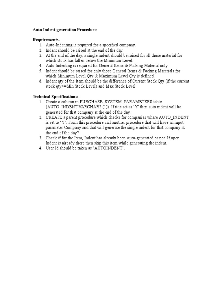 Auto Indent Generation Procedure Requirement | PDF | Areas Of Computer Science | Computing