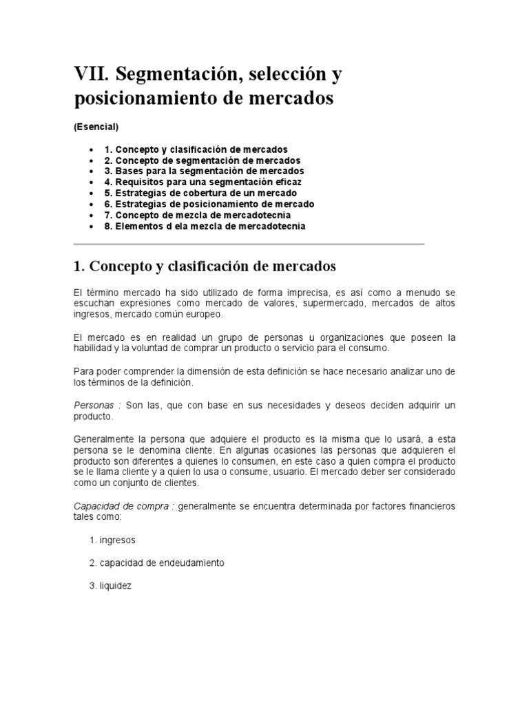 Segmentación Selección Y Posicionamiento De Mercados Pdf Producto