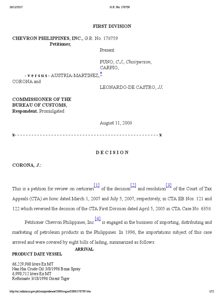 Chevron Philippines v. CoC PDF | PDF | Customs | Taxes