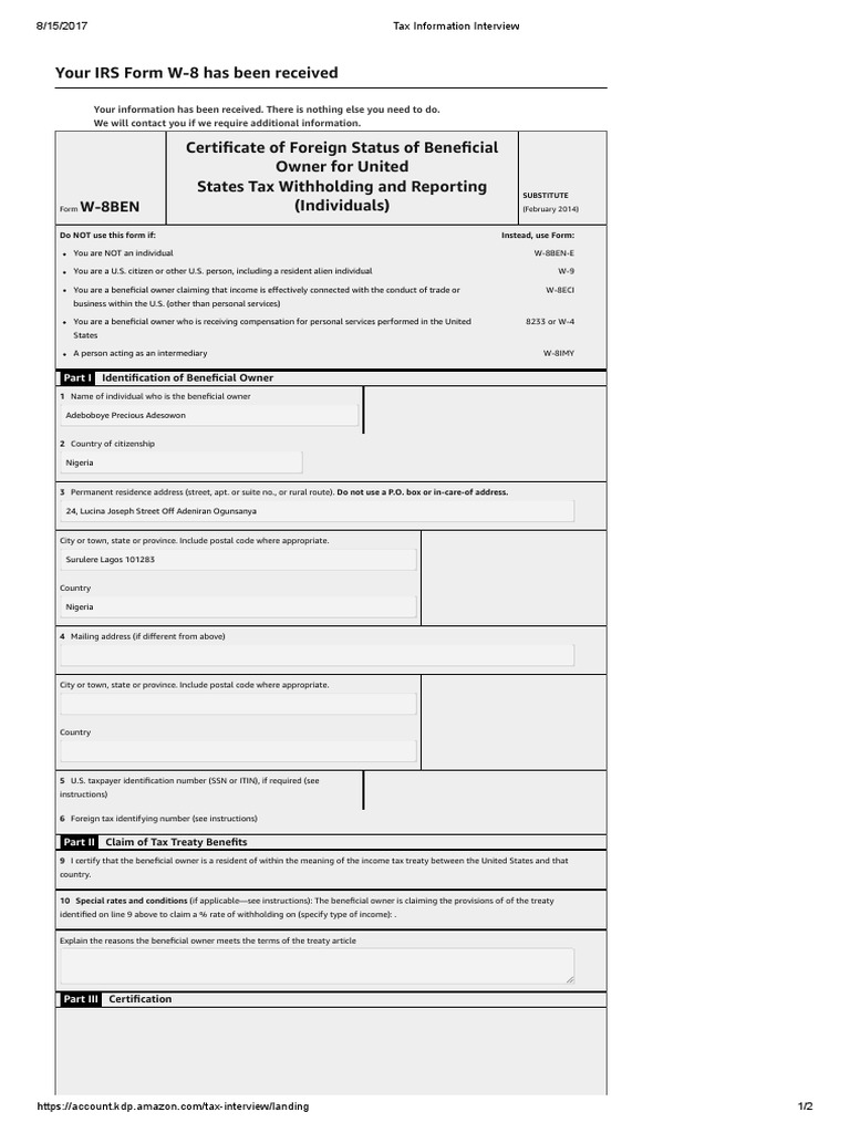Amazon Tax Information Interview | PDF | Irs Tax Forms | Tax Treaty