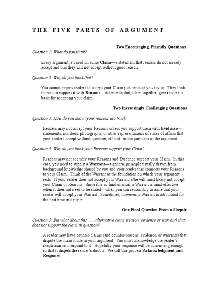 The Five Parts of Argument: Two Encouraging, Friendly Questions | PDF