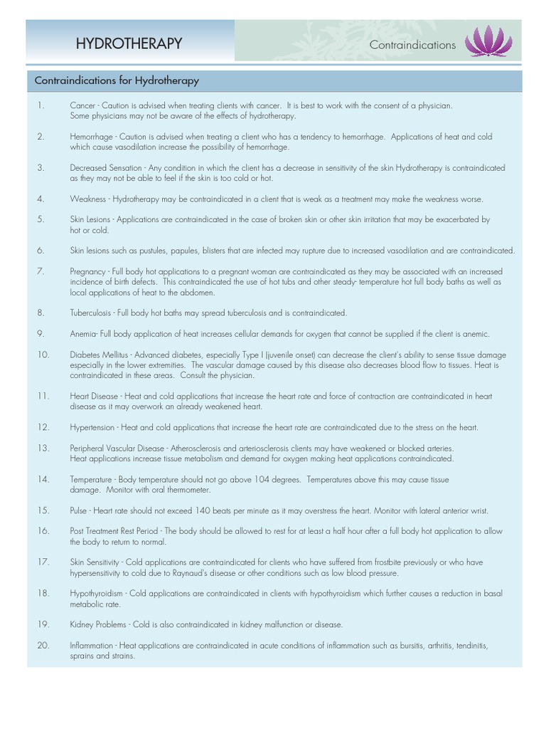 Hydrotherapy Sheet 2 Contraindications | PDF | Heart | Blood Vessel