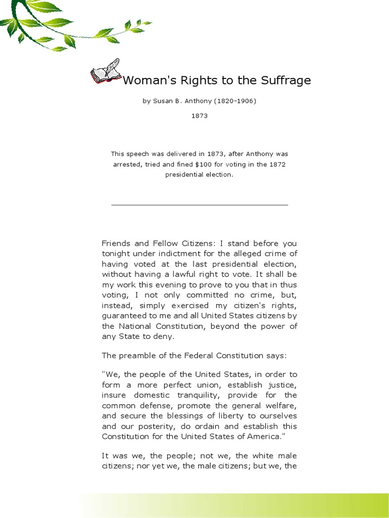 Woman's Right to Vote: A Defense of Susan B. Anthony's Citizenship and ...