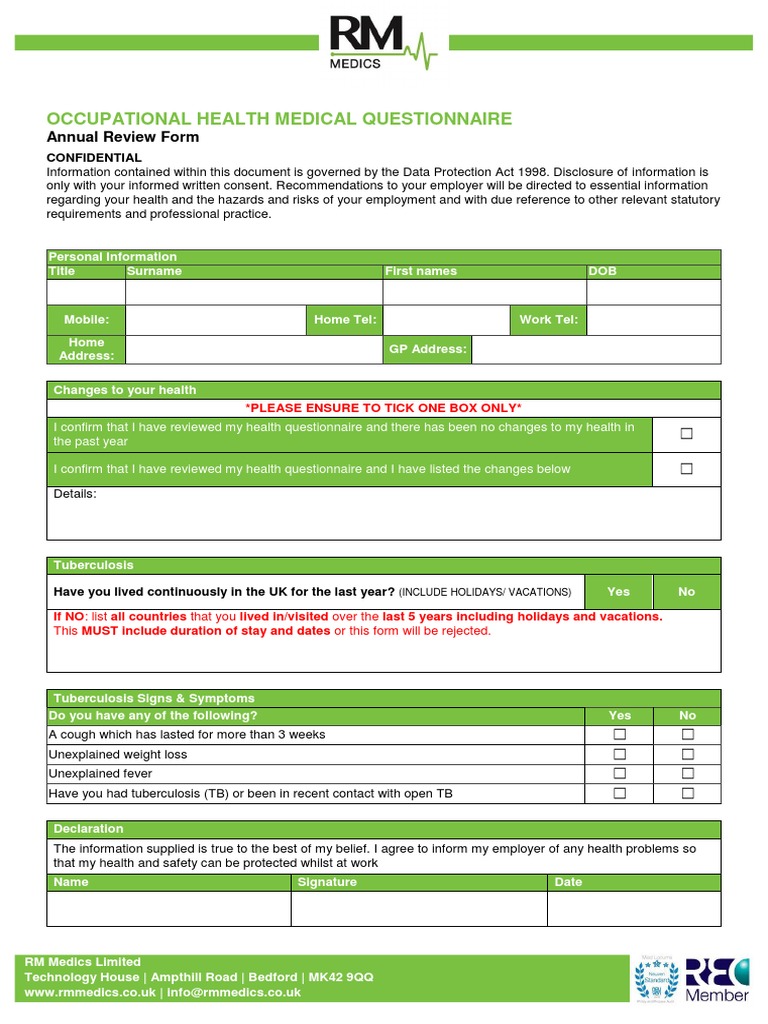 Occupational Health Medical Questionnaire: Annual Review Form | PDF ...