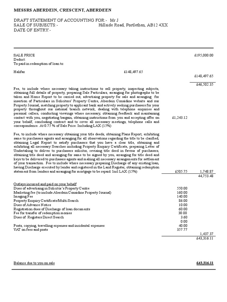 Draft Statement of Accounting For:-Mr J Sale of Subjects: - Hillside ...