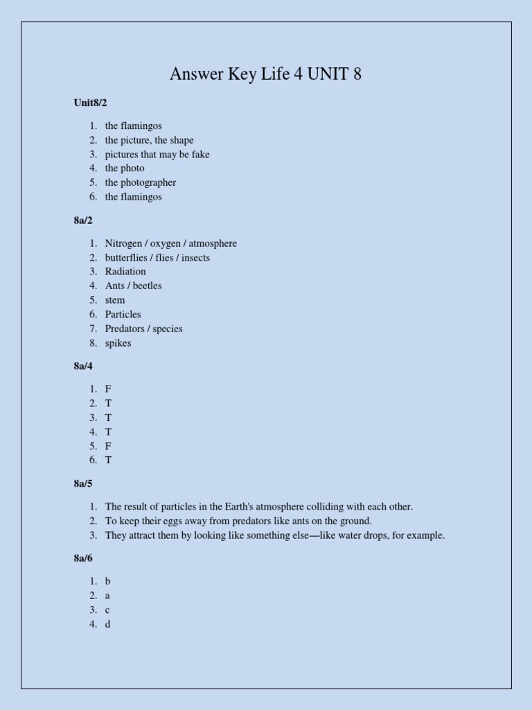 Life 4 Unit 8 Answer Key | PDF | Bees | Nature