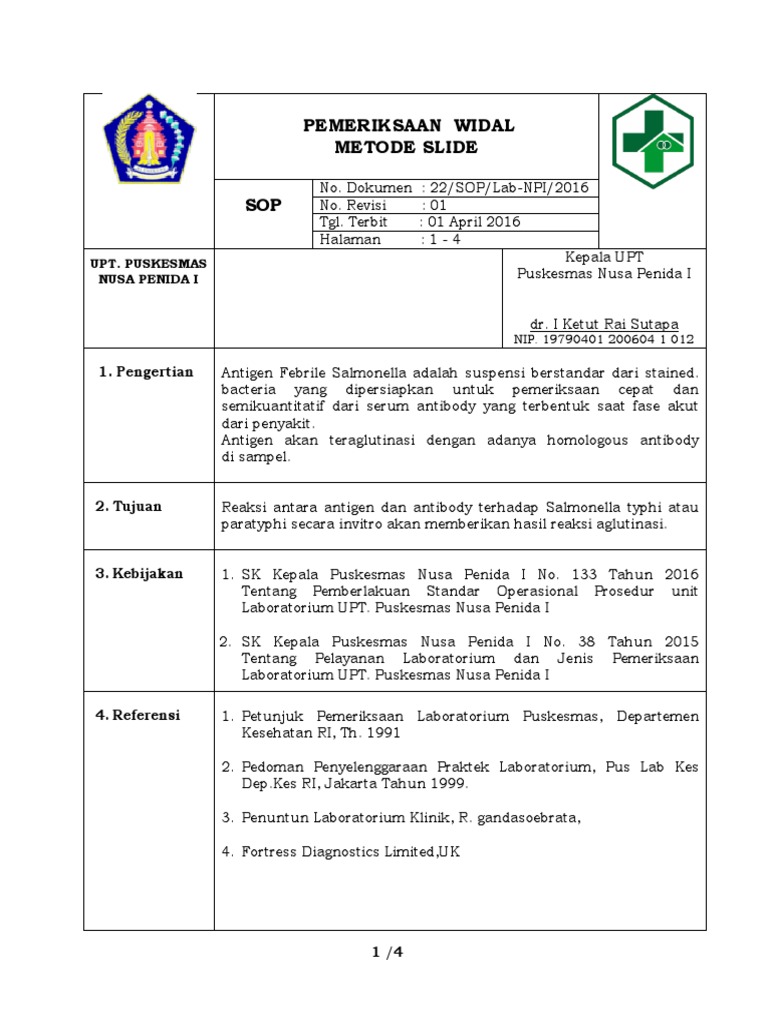 Sop Pemeriksaan Widal | PDF