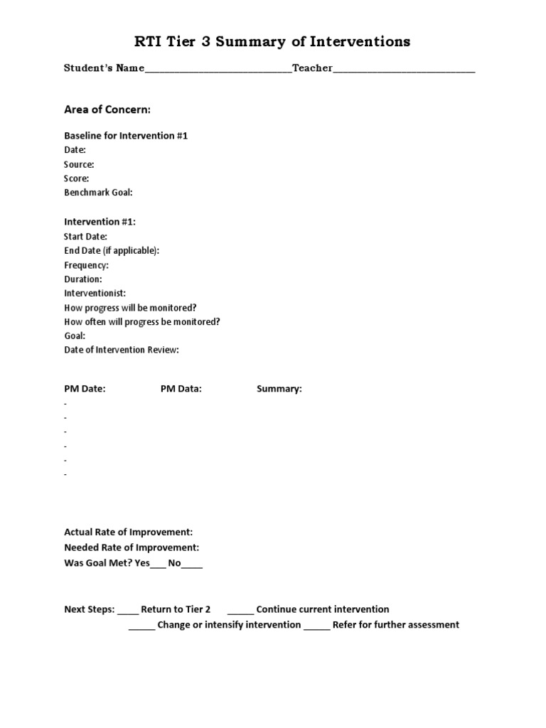 RTI Tier 3 Intervention Summary Template | PDF | Business | Finance ...