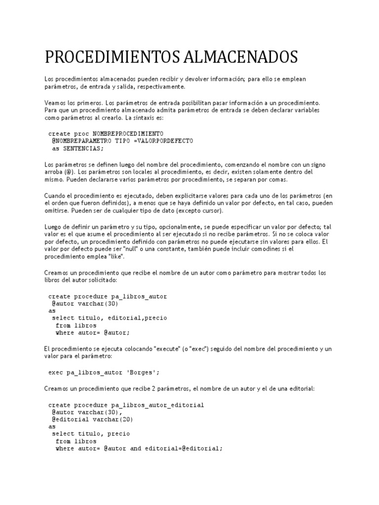 Parámetros en Procedimientos Almacenados | PDF | SQL | Ingeniería de software