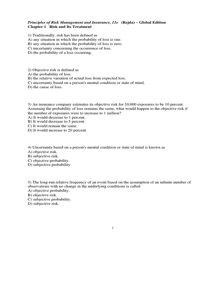 Ch. 1 - Insurance MCQ Exercise | PDF | Risk | Hazards