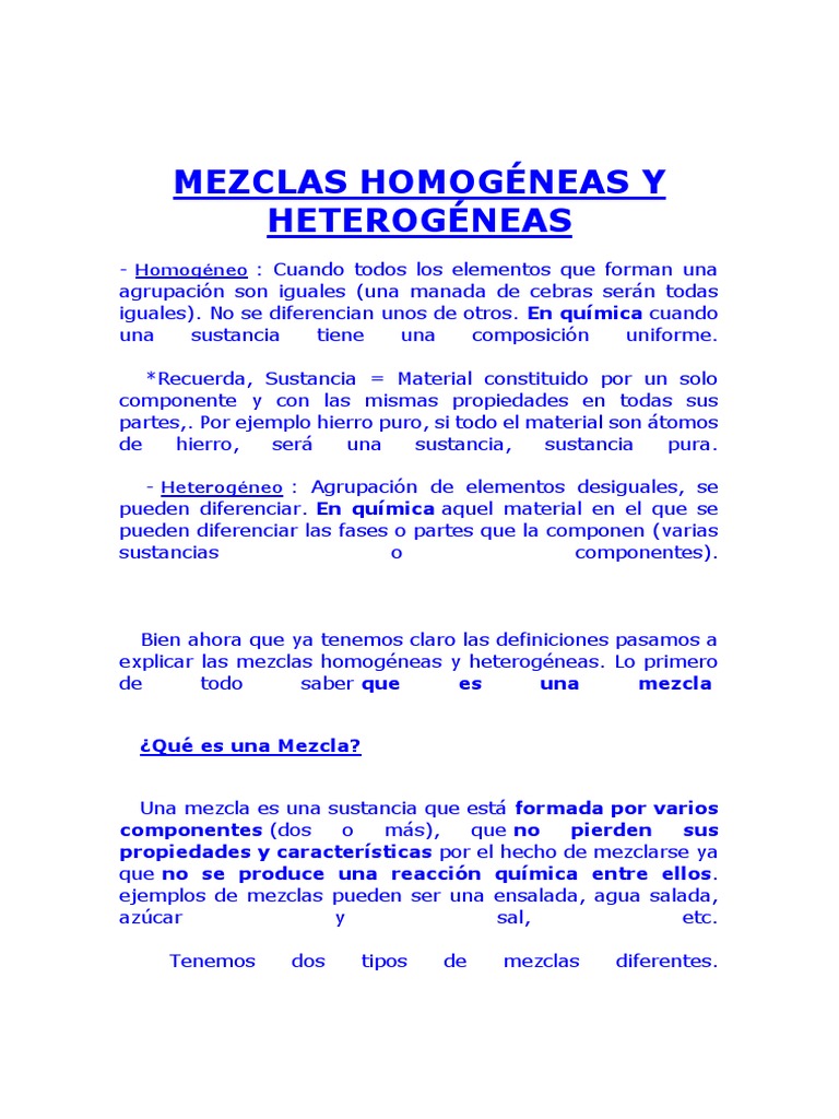 Mezclas Homogéneas y Heterogéneas | PDF | Mezcla | Sustancias químicas