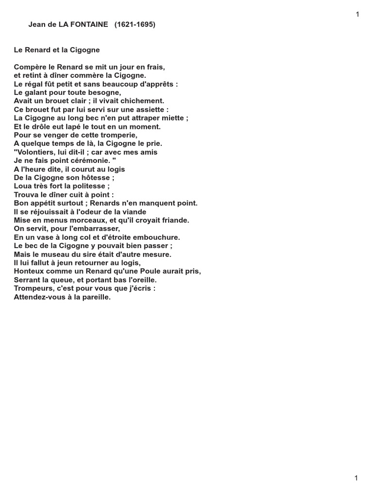 Le Renard Et La Cigogne Jean de LA FONTAINE (1621-1695) | PDF