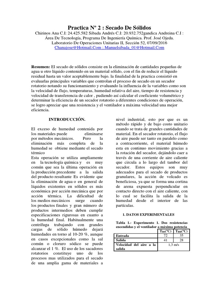 Practica #2. Secado de Solidos UNEFM | PDF | Física Aplicada e Interdisciplinaria | Termodinámica