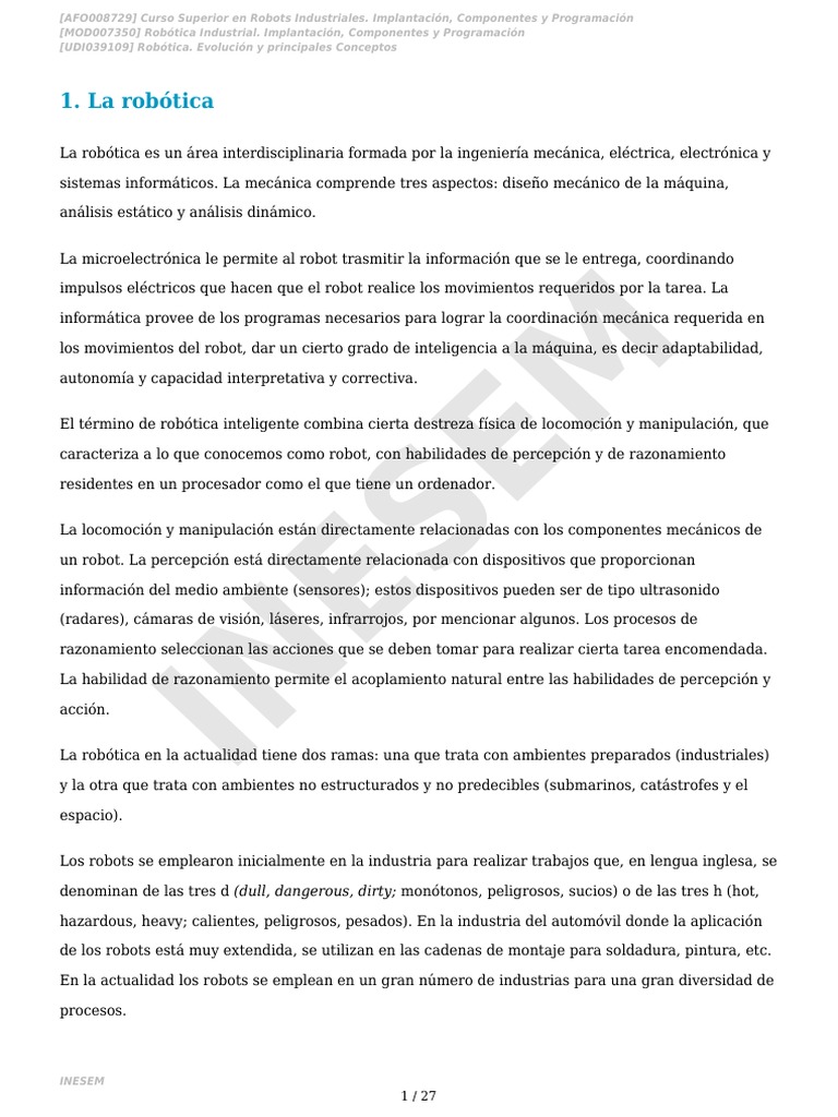 Unidad 1. Robótica. Evolución y Principales Conceptos | PDF | Robot ...