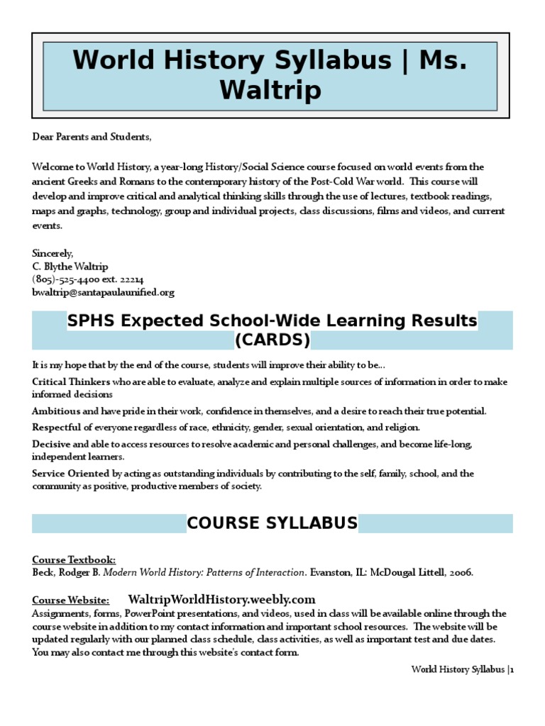 2017-18 World History Syllabus BTSN | PDF | Homework | Teaching