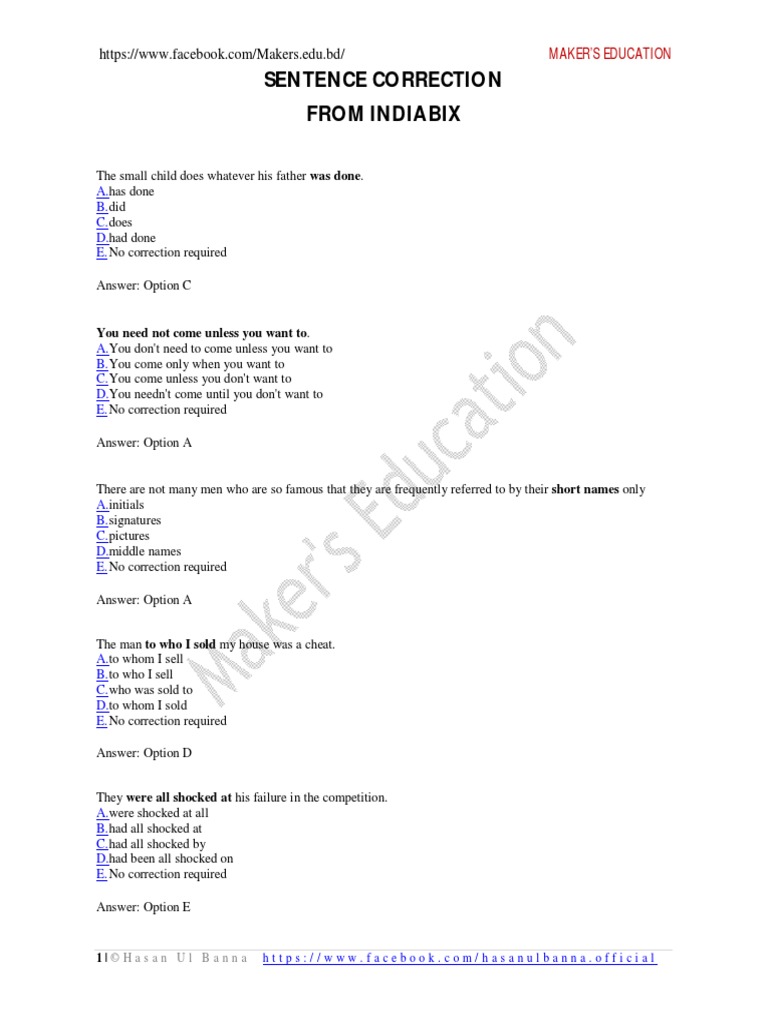Sentence Correction Exercises | PDF | Social Science