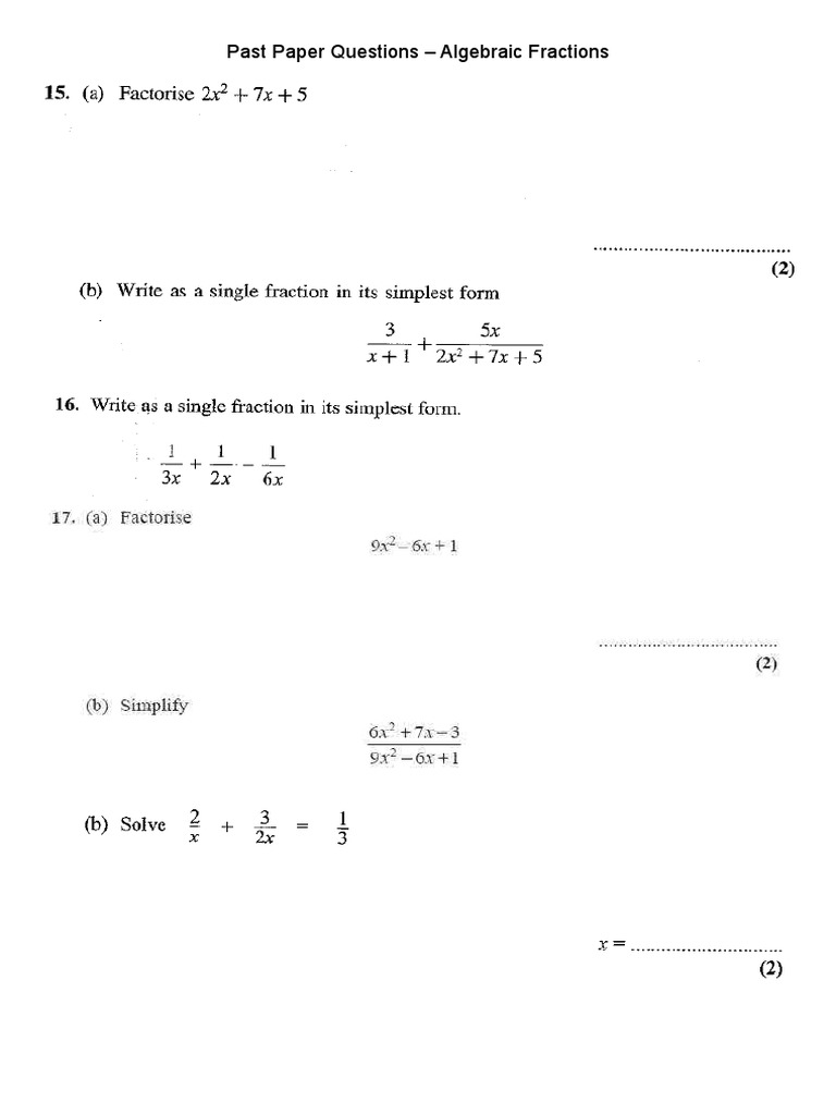 Past Paper Questions - Algebraic Fractions | PDF