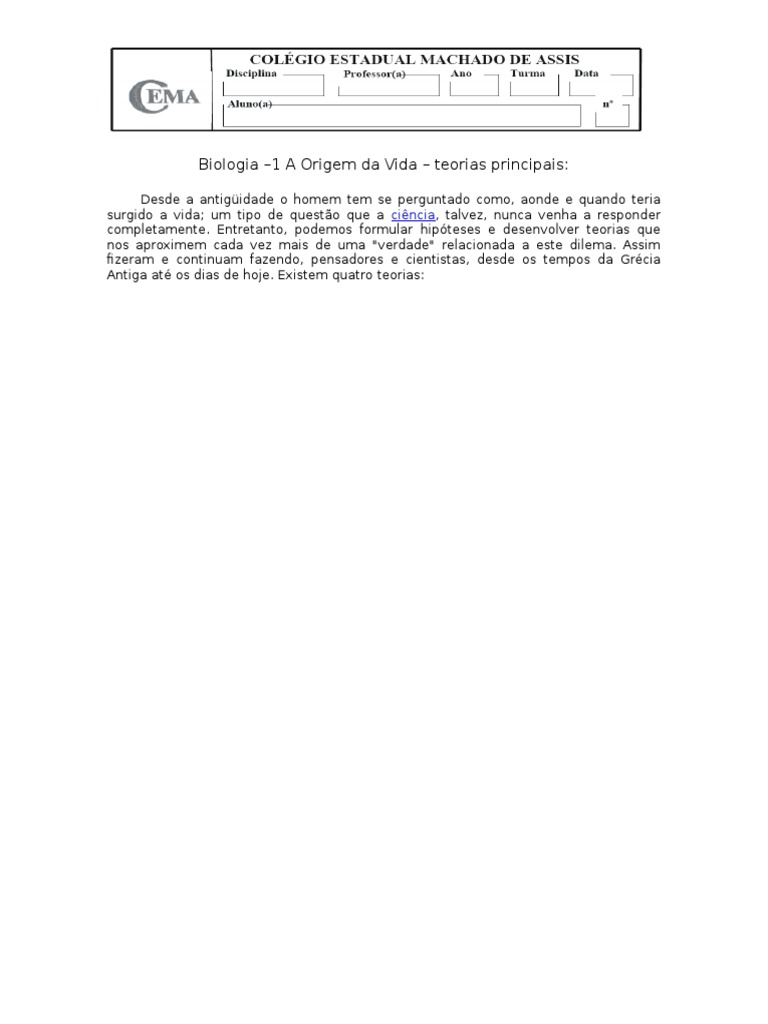 1 Ano Texto Exercicios Teorias Origem Da Vida | PDF | Abiogênese | Vida 1 Ano Texto Exercicios Teorias Origem Da Vida | PDF | Abiogênese | Vida