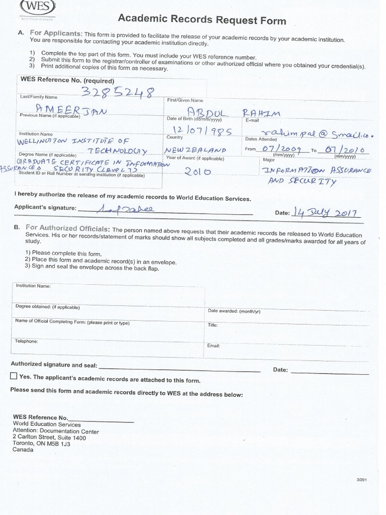Wes Academic Request Form | PDF