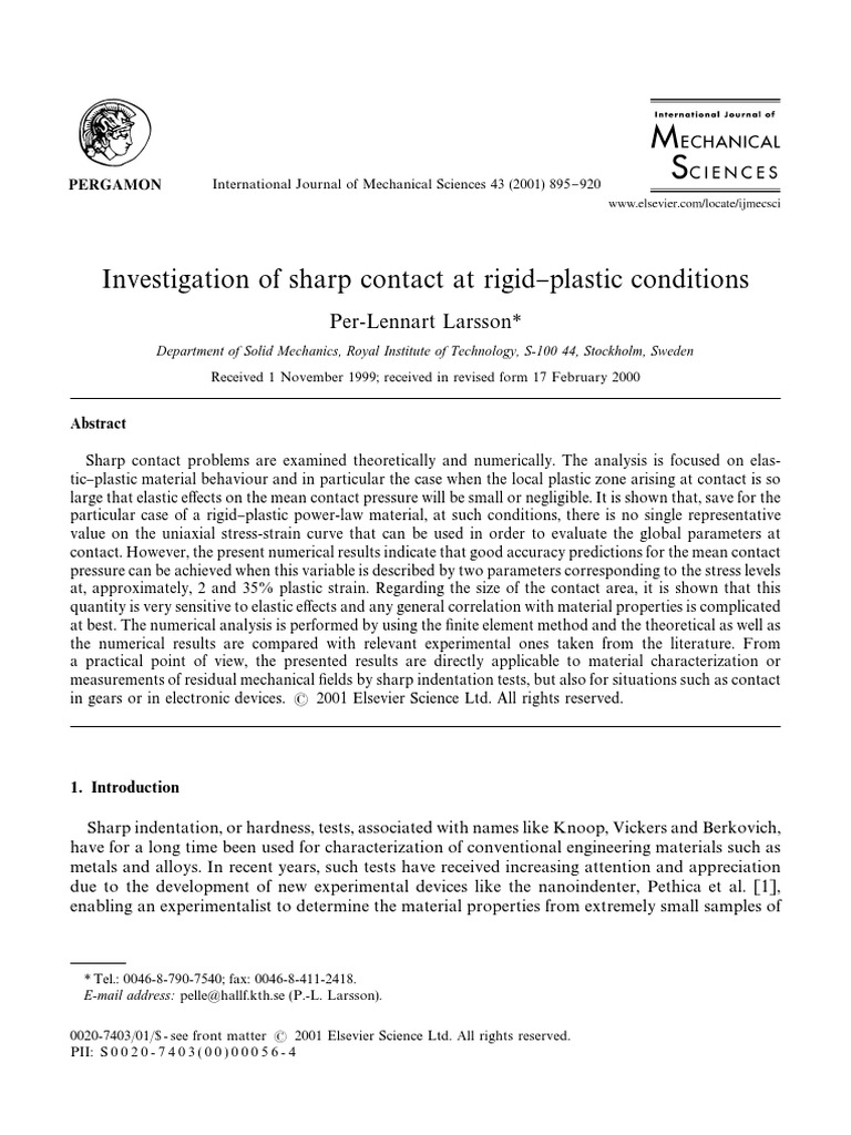 Investigation of Sharp Contact at Rigid) Plastic Conditions | PDF ...