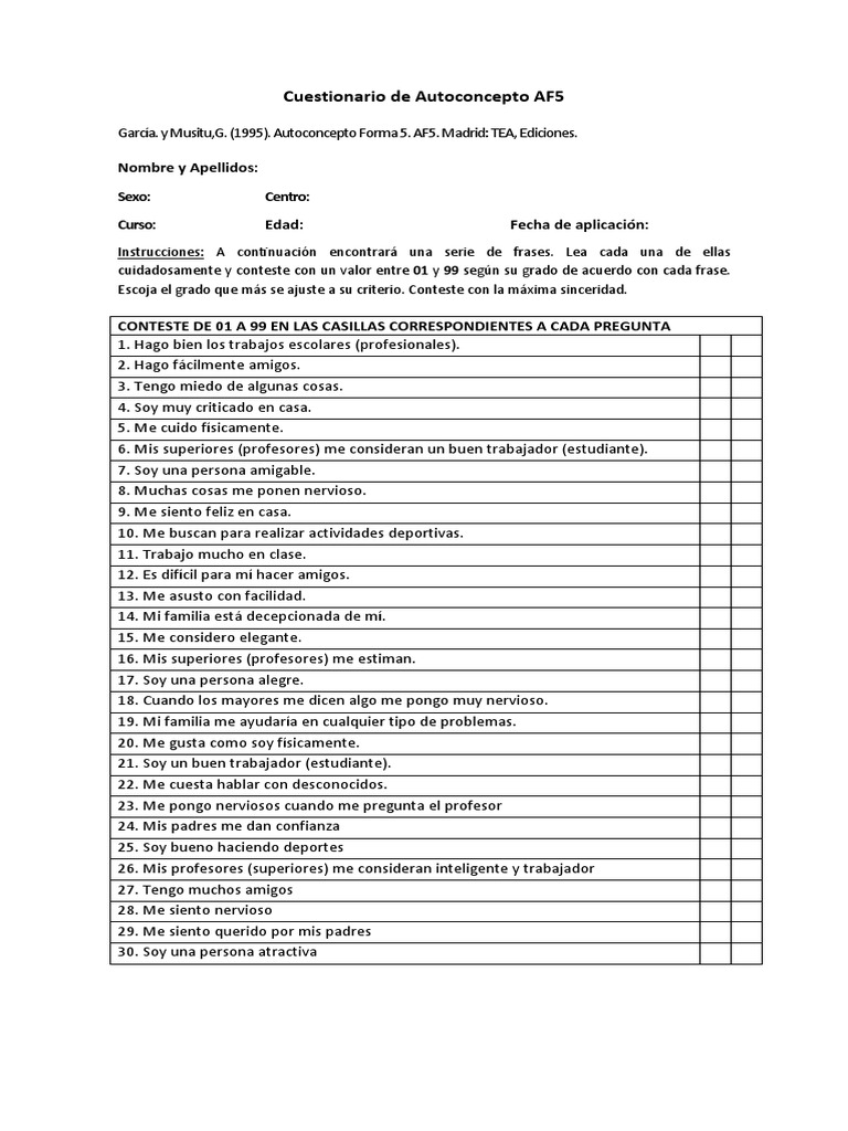 Cuestionario de Autoconcepto AF5 | PDF
