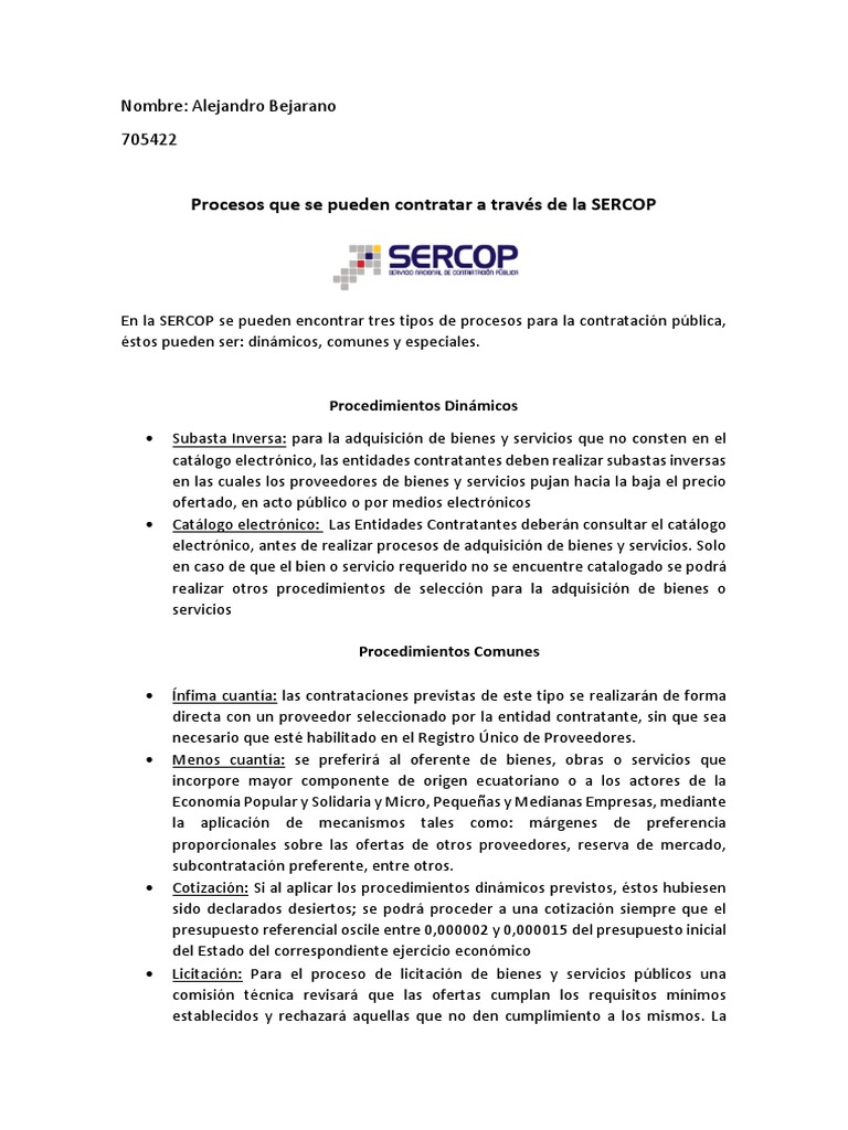 Procedimientos Que Realiza La SERCOP | PDF | Subasta | Oferta (economía)