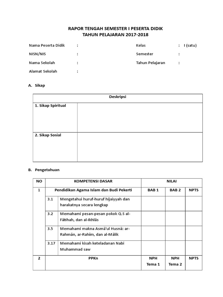 Rapot PTS Kelas 1 | PDF