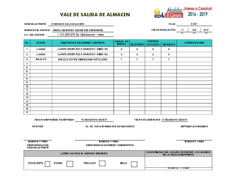 Formato De Vale De Salida De Almacén Pdf