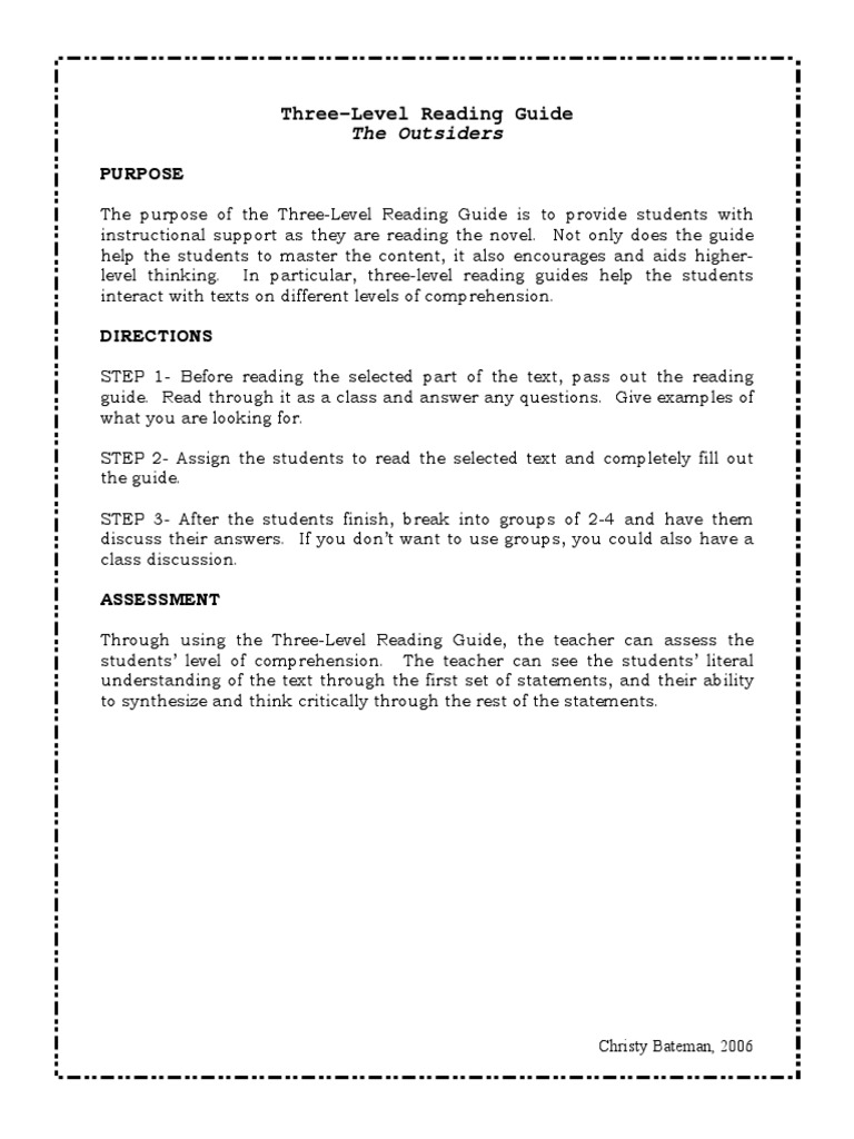 Three-Level Reading Guide The Outsiders | PDF | Reading Comprehension ...