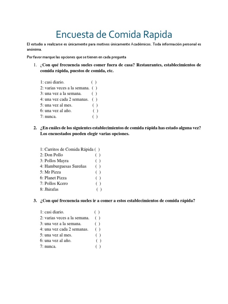 Encuesta de Comida Rapida | PDF | Comida rápida | Comida y bebida