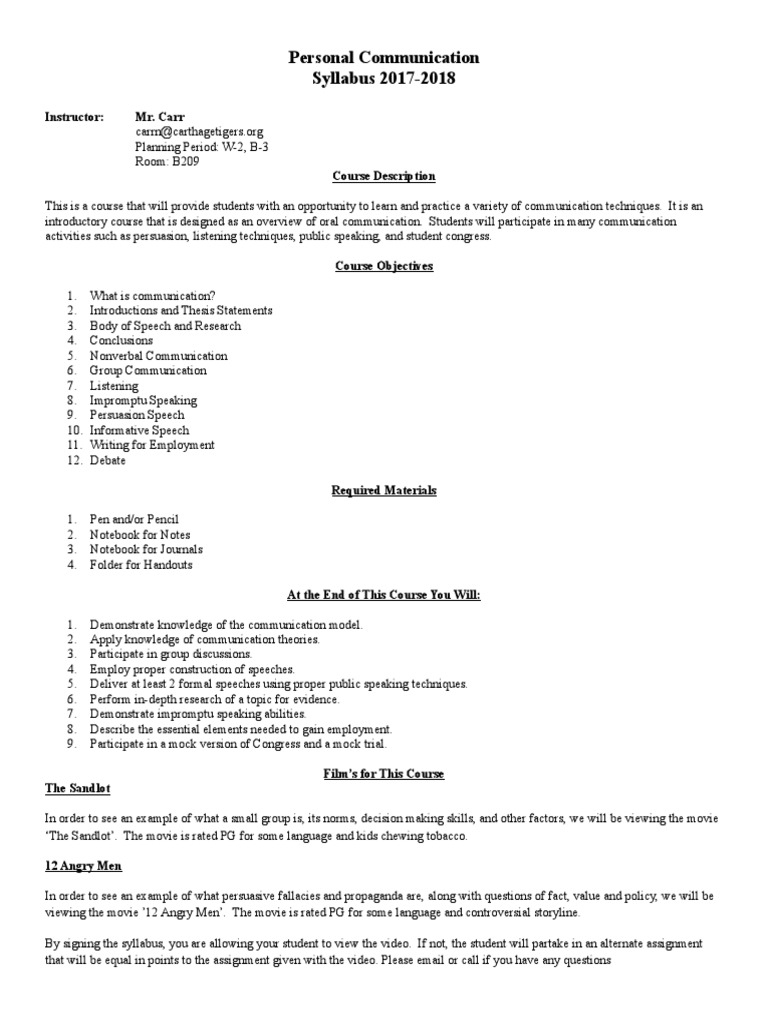Personal Communication Course Syllabus | PDF | Educational Assessment ...