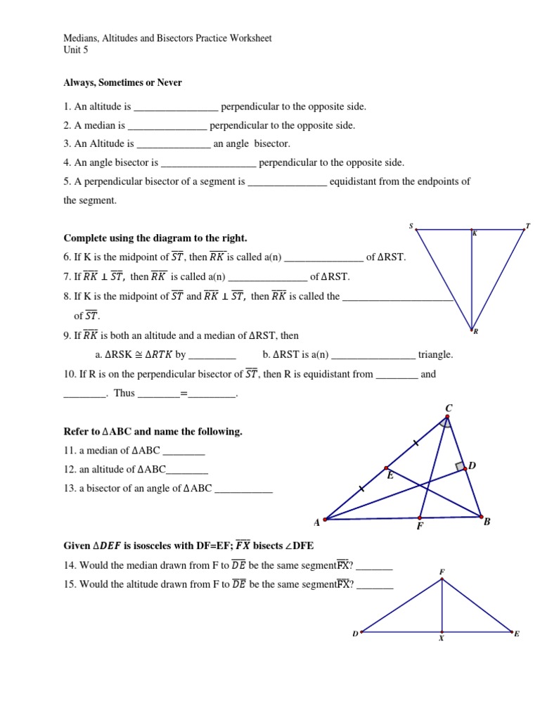 Triangle Medians, Altitudes, Bisectors Worksheet | PDF | Perpendicular ...