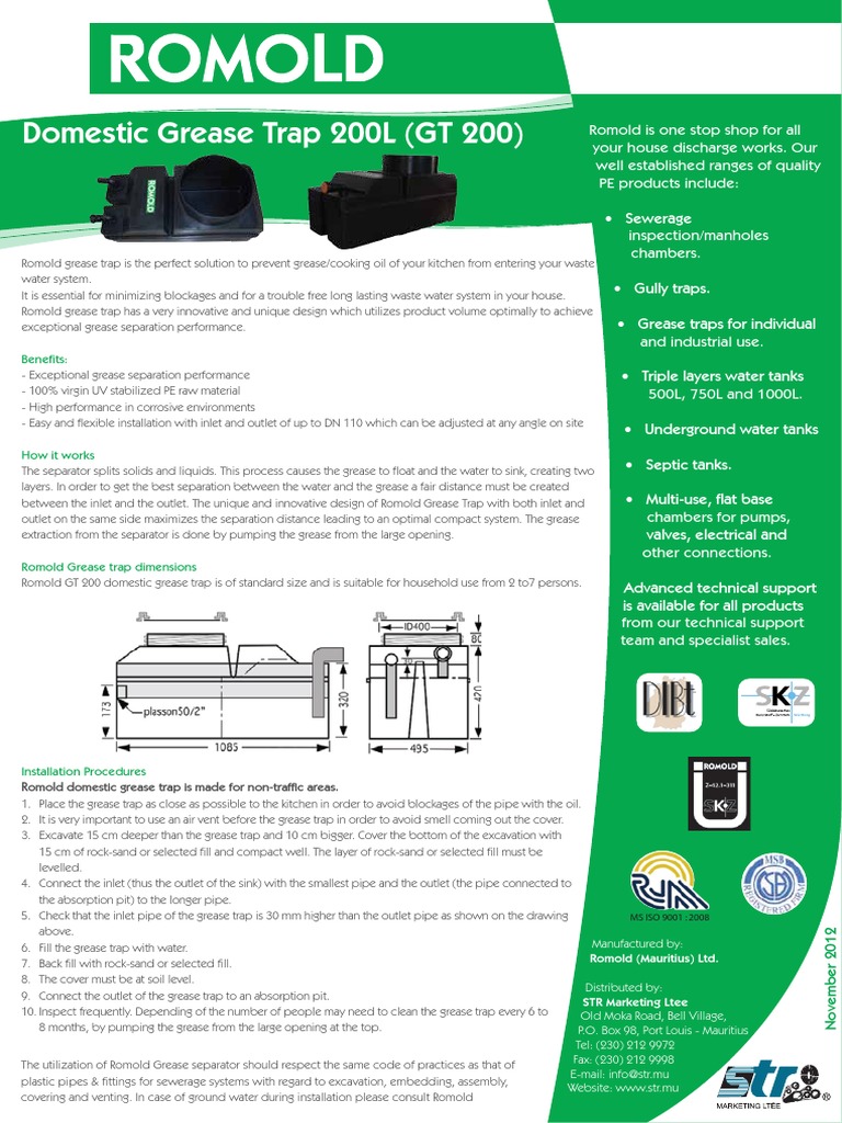 Domestic Grease Trap Design Guide | PDF | Petroleum | Water Supply Network