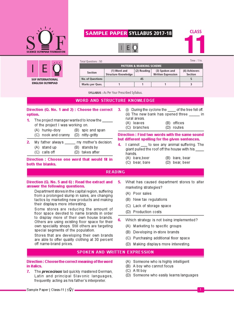Ieo Sample Paper Class-11 | PDF | Brand | Marketing
