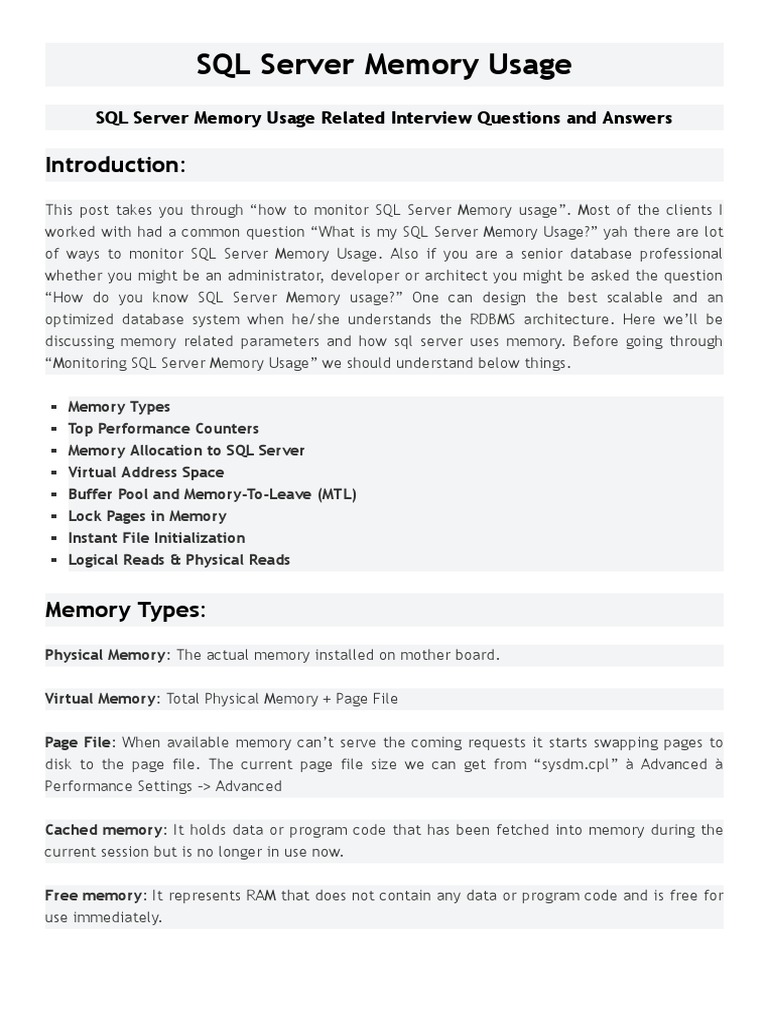 SQL Server Memory Usage Related Interview Questions and Answers ... SQL Server Memory Usage Related Interview Questions and Answers ...