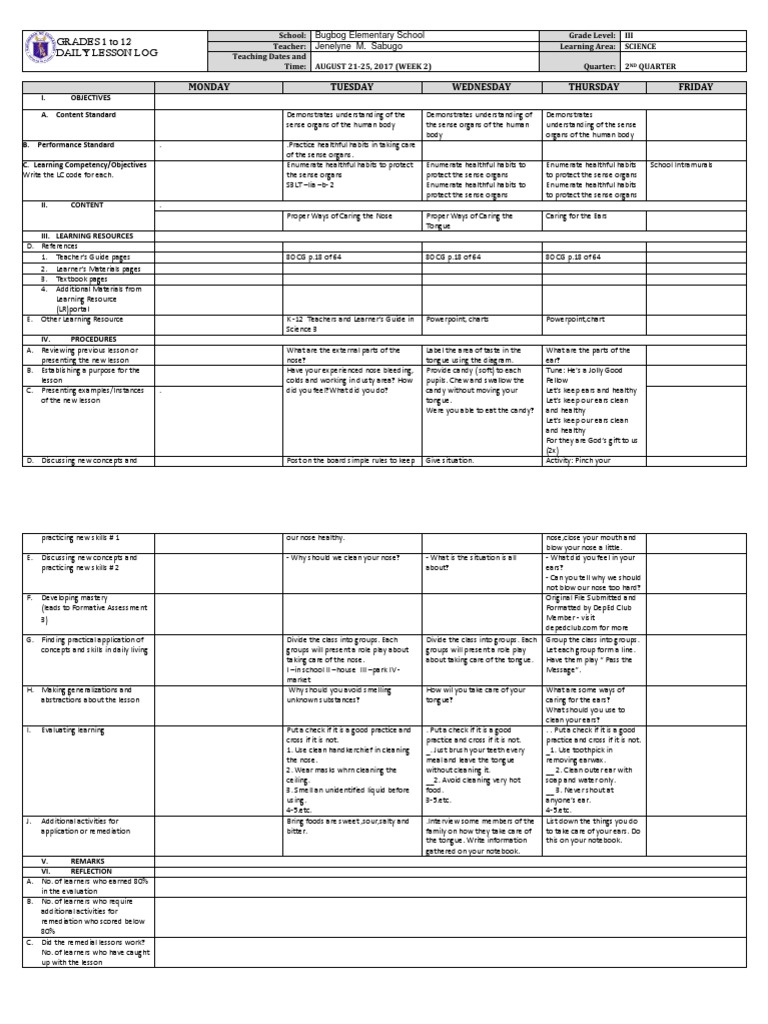 DLL - Science 3 - Q2 - W2 | PDF | Senses | Learning