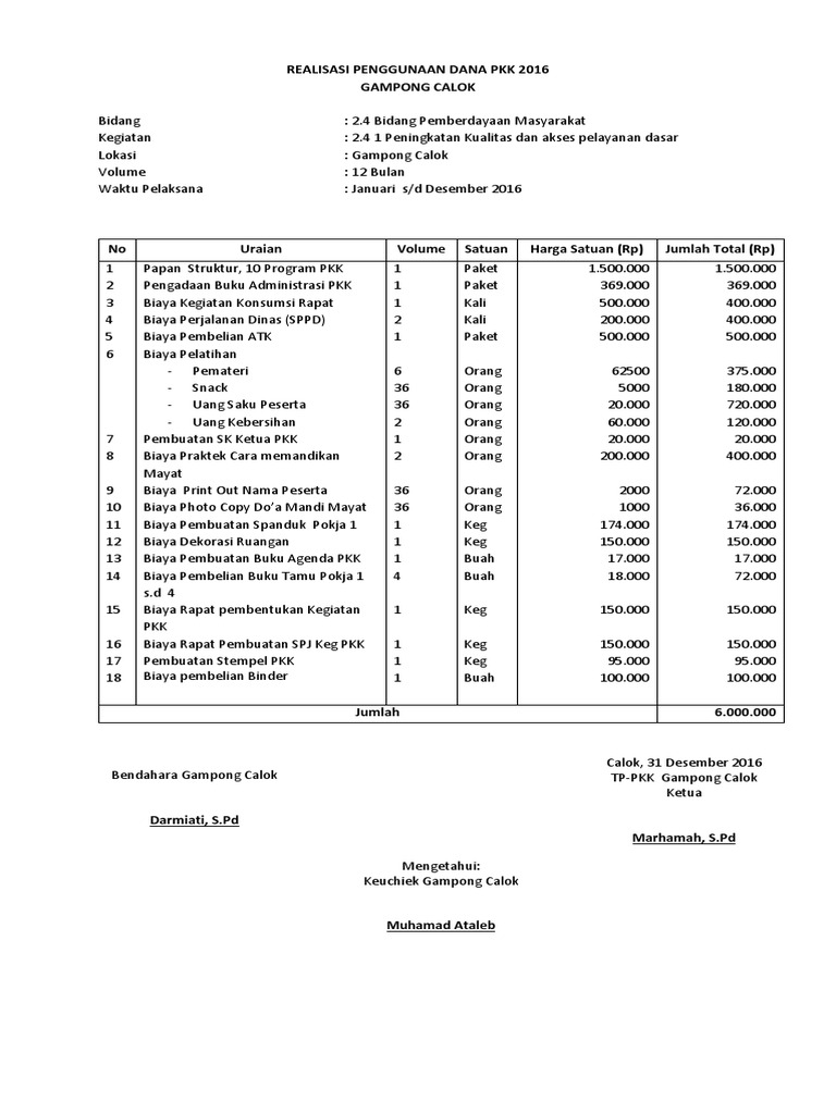 Laporan Dana PKK Gampong Calok 2016 | PDF
