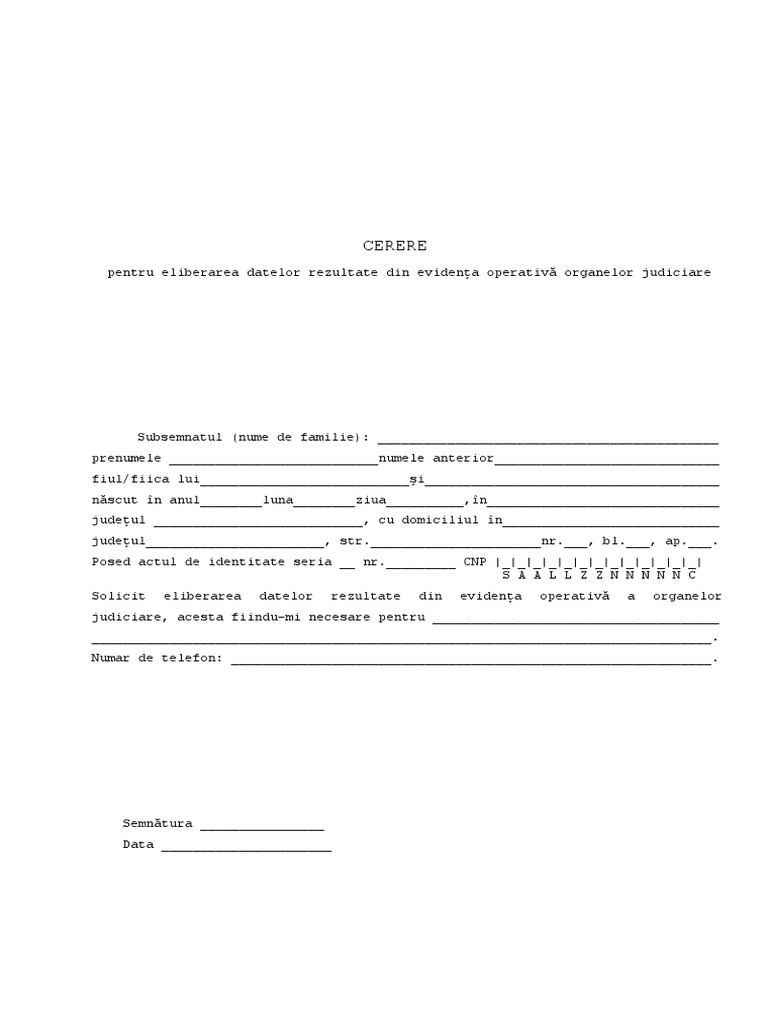 Cerere - Date Operative Din Evidenta Organelor Judiciare | PDF