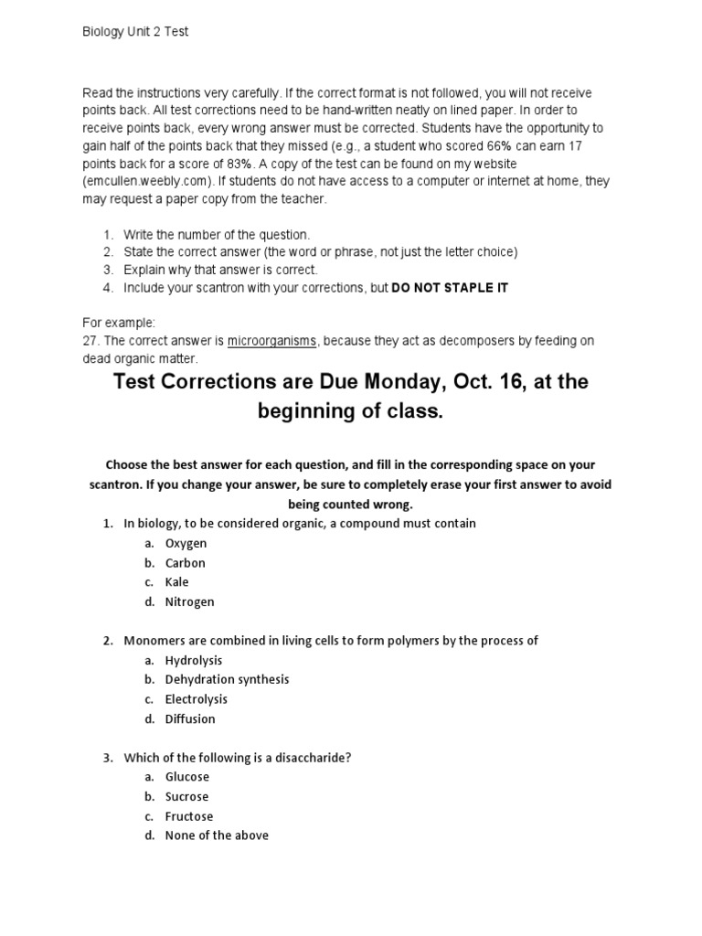 Biology Unit 2 Test 1 | PDF | Carbohydrate Chemistry | Carbohydrates