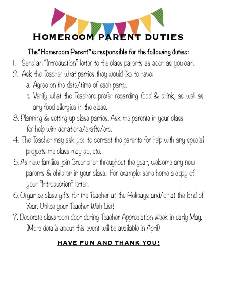 Homeroom Parent Duties | PDF | Teachers | Schools