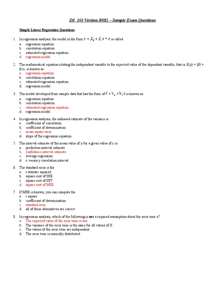 Sampleexam 2 Questions | PDF | Regression Analysis | Errors And Residuals